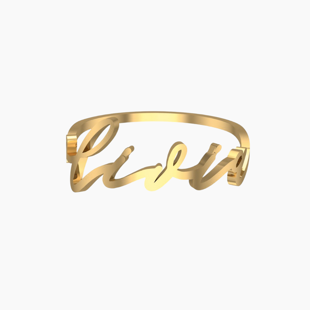CUSTOM YELLOW GOLD DAINTY CALLIGRA NAME RING | Patty Q's Jewelry Inc