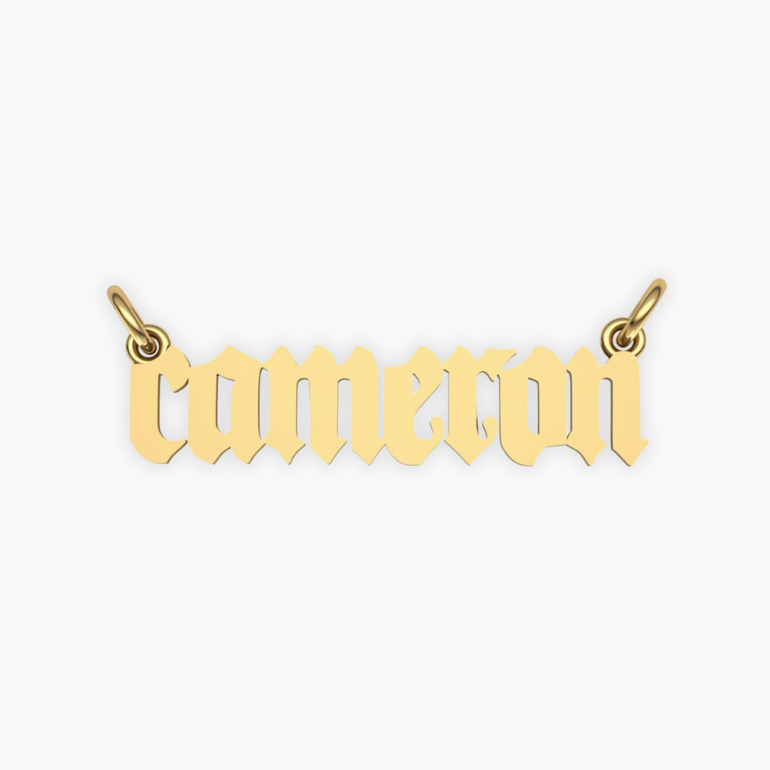 14K YELLOW GOLD OLD ENGLISH MINI NAME PLATE | Patty Q's Jewelry Inc