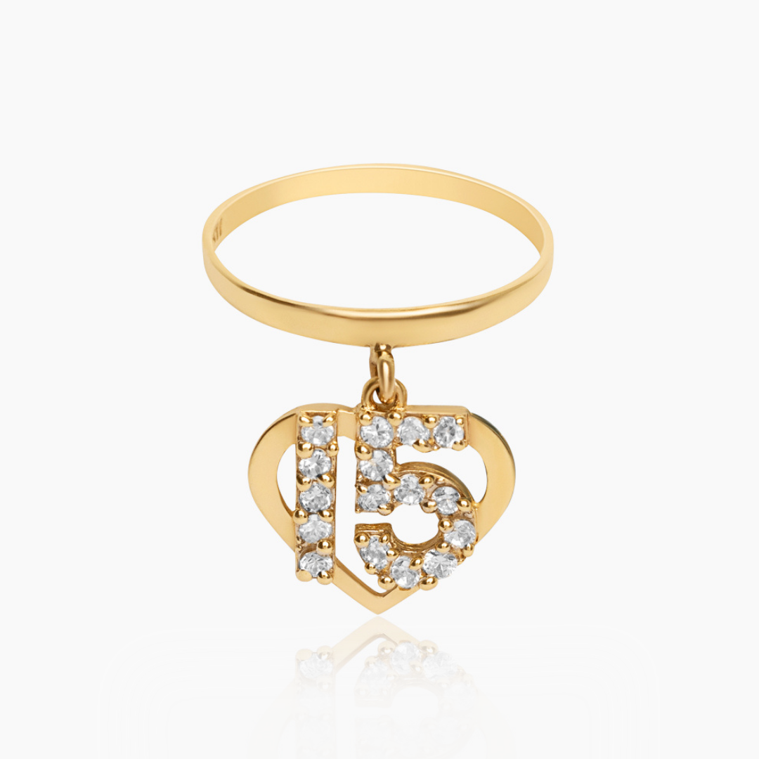 14K YELLOW GOLD HEART CHARMED QUINCE RING | Patty Q's Jewelry Inc