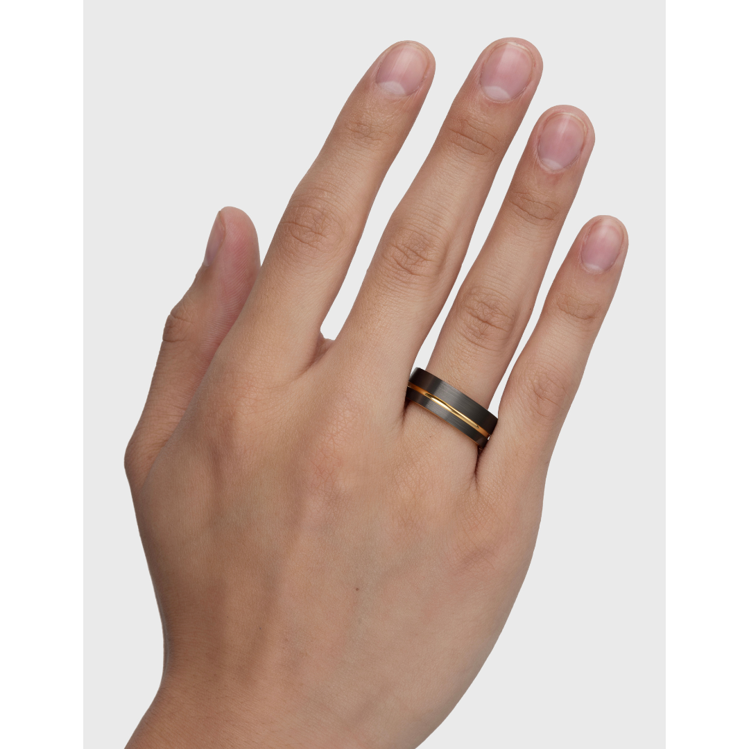 TUNGSTEN BLACK BRUSHED GOLD LINE INTERIOR RING -8MM | Patty Q's Jewelry Inc