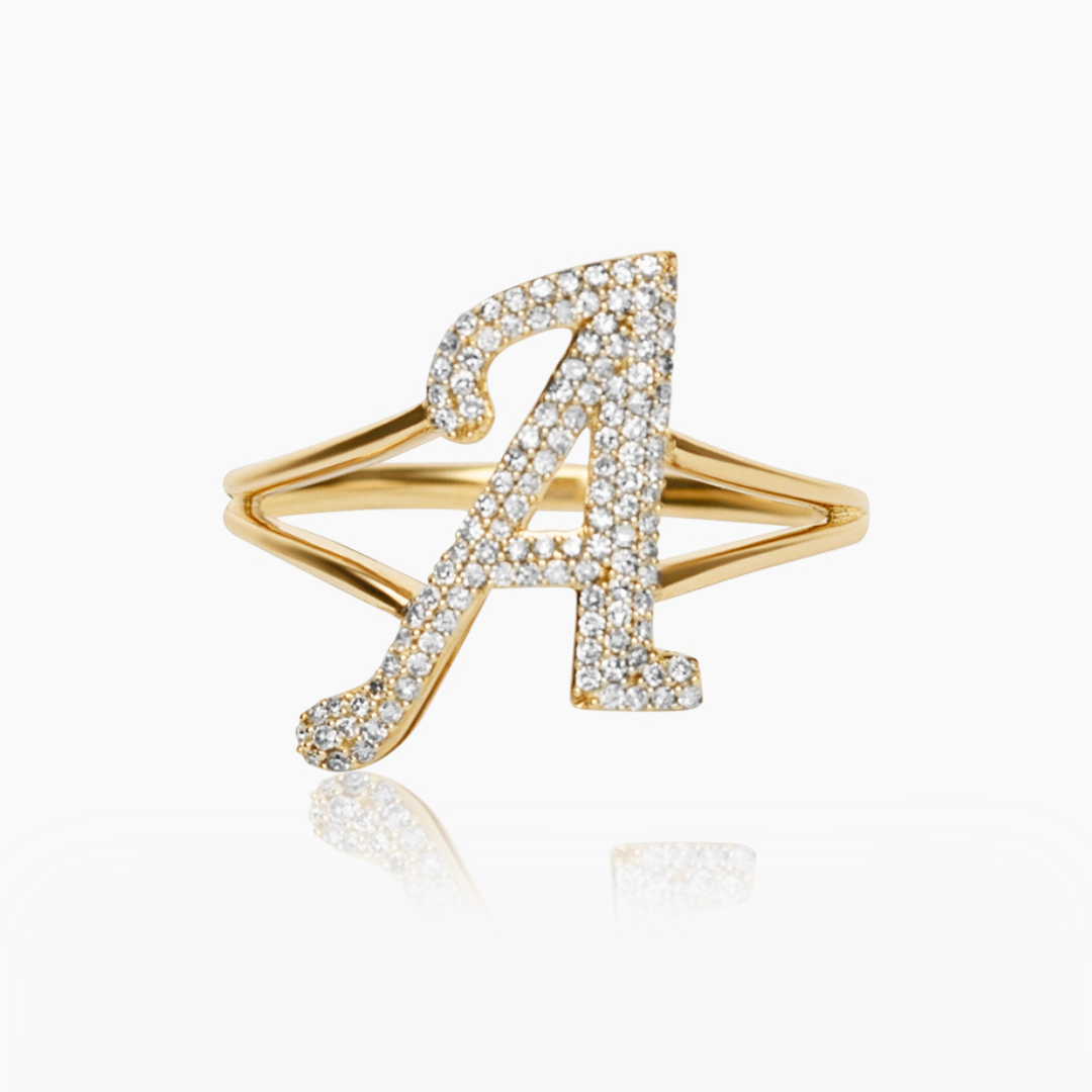 14K YELLOW GOLD DIAMOND INITIAL SPLIT SHANK RING | Patty Q's Jewelry Inc