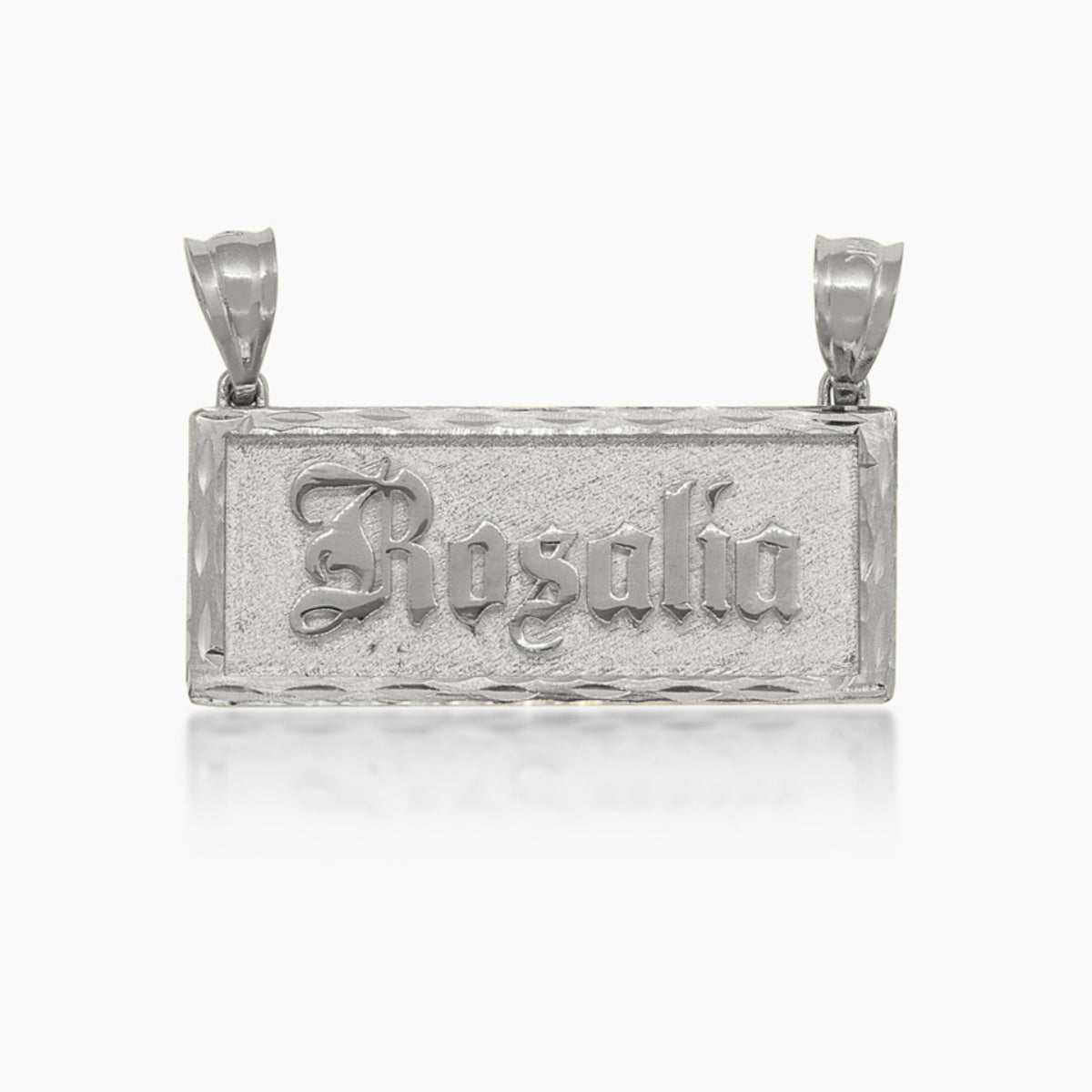 14K WHITE GOLD DIAMOND CUT OLD ENGLISH NAME PLATE | Patty Q's Jewelry Inc