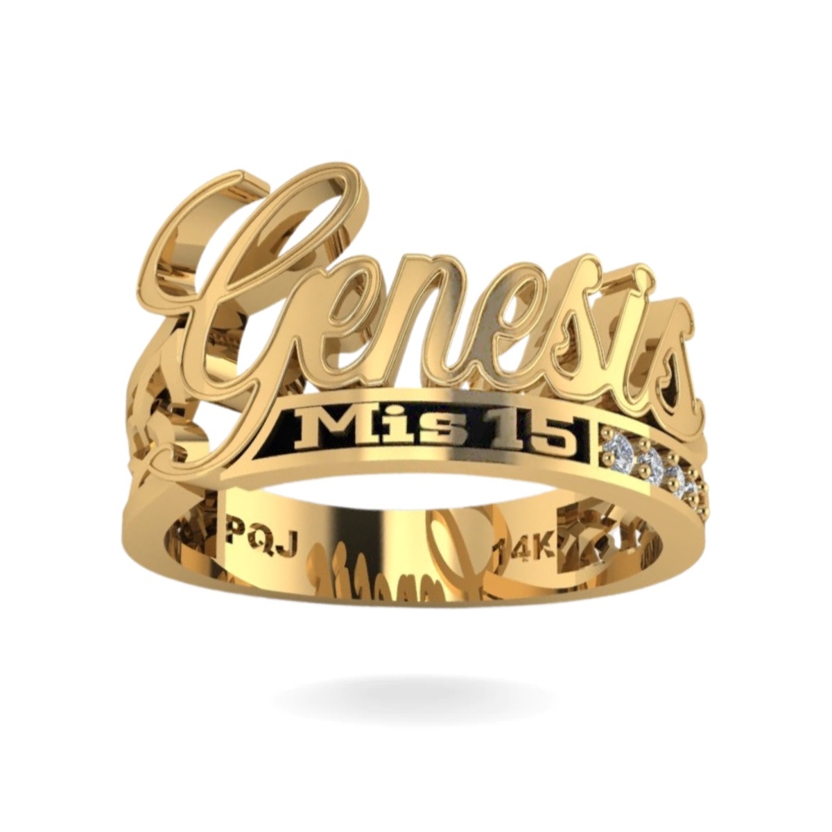 14K YELLOW GOLD CUSTOM MÍS 15 NAME RING | Patty Q's Jewelry Inc